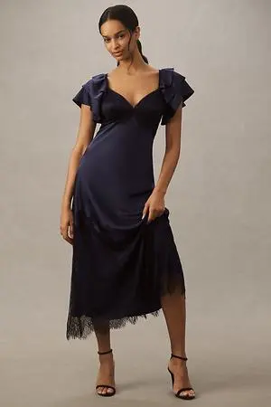 Bhldn Camilla Lace-Overlay Satin Midi Dress With Flutter Sleeves In Blue -  29% Off | Editorialist