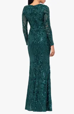 Betsy & Adam Sequin Long Sleeve Mermaid Gown