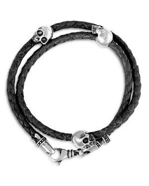 KING BABY STUDIO Hamlet Skulls Braided Double Wrap Leather Bracelet - Black/silver
