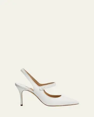 Manolo Blahnik Camparisli Leather Mary Jane Slingback Pumps - White