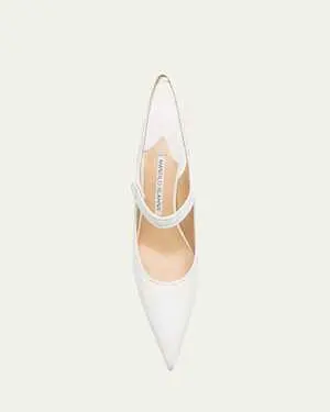 Manolo Blahnik Camparisli Leather Mary Jane Slingback Pumps - White