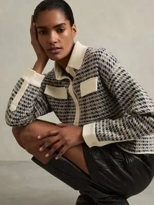 REISS Margot Wool-cashmere Houndstooth Cardigan - Navy/camel