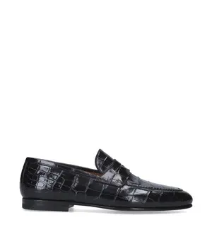 Santoni Crocodile Penny Loafers - Black