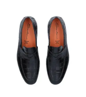 Santoni Crocodile Penny Loafers - Black