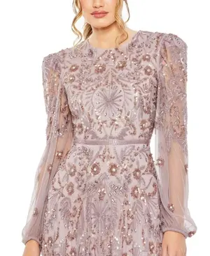 Mac Duggal Puff Sleeve Embellished A-line Gown