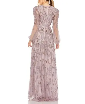 Mac Duggal Puff Sleeve Embellished A-line Gown
