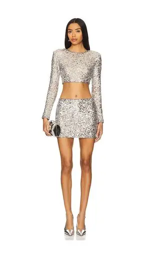 LOVERS AND FRIENDS Sequin Cropped Top With Long Sleeves