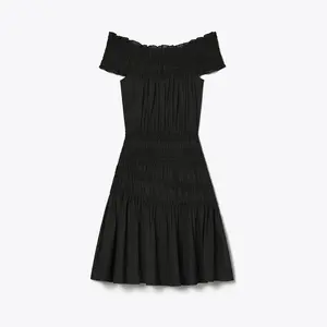 Tory Burch Smocked Cotton Mini Dress - Black