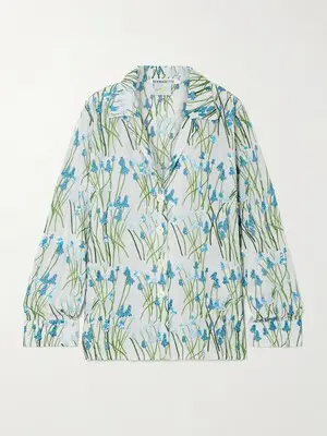Bernadette Louis Embroidered Embellished Silk Pajama Shirt - Blue