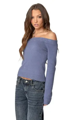 EDIKTED Elona Off-the-shoulder Knit Top - Blue