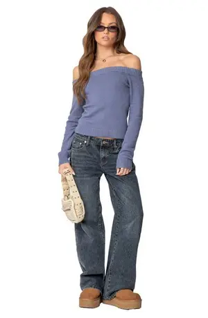 EDIKTED Elona Off-the-shoulder Knit Top - Blue