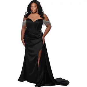 SYDNEY'S CLOSET Sweetheart Neckline Fitted Satin Corset Evening Gown With Rhinestone Trim - Onyx