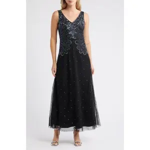 Pisarro Nights Beaded Sleeveless Chiffon Dress - Black