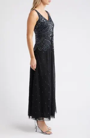 Pisarro Nights Beaded Sleeveless Chiffon Dress - Black
