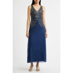Pisarro Nights Beaded Sleeveless Chiffon Dress - Denim