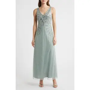 Pisarro Nights Beaded Sleeveless Chiffon Dress - Sage