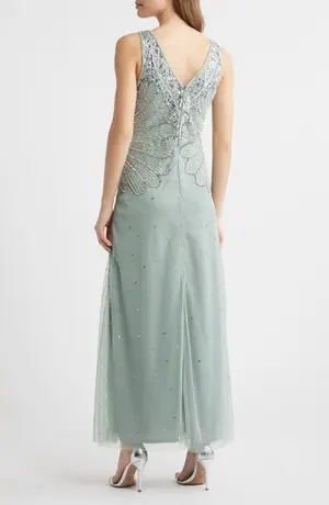 Pisarro Nights Beaded Sleeveless Chiffon Dress - Sage