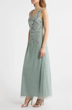Pisarro Nights Beaded Sleeveless Chiffon Dress - Sage
