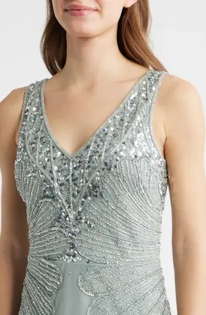 Pisarro Nights Beaded Sleeveless Chiffon Dress - Sage