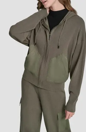 Dkny Mixed Media Drawstring Hoodie - City Taupe