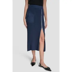 Dkny Zipper Slit Midi Sweater Skirt - Hudson Blue