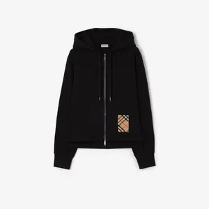 Burberry Zip Hoodie With Check Appliqu - Black