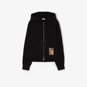 Burberry Zip Hoodie With Check Appliqu - Black