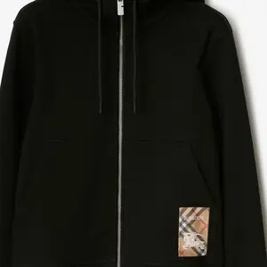 Burberry Zip Up Cotton Hoodie With Check Label - Black