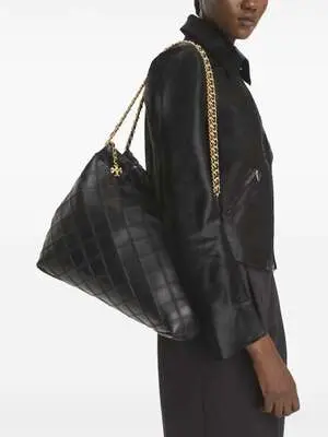 Tory Burch Fleming Diamond Quilted Leather Drawstring Tote Bag - Black