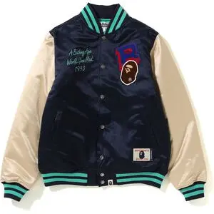 A BATHING APE Emblem Satin Varsity Jacket - Navy Blue