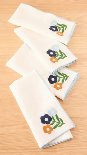 MISETTE Floral Embroidered Linen Napkins Set Of 4 - Floral/dark Blue