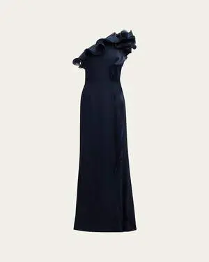 Rickie Freeman For Teri Jon One-shoulder Ruffle Gown - Navy