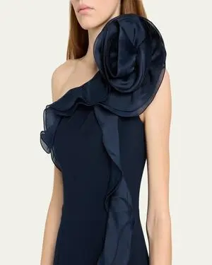 Rickie Freeman For Teri Jon One-shoulder Ruffle Gown - Navy