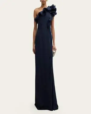 Rickie Freeman For Teri Jon One-shoulder Ruffle Gown - Navy