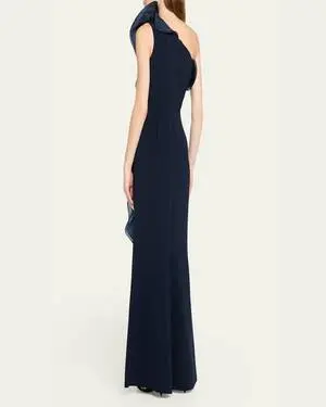 Rickie Freeman For Teri Jon One-shoulder Ruffle Gown - Navy