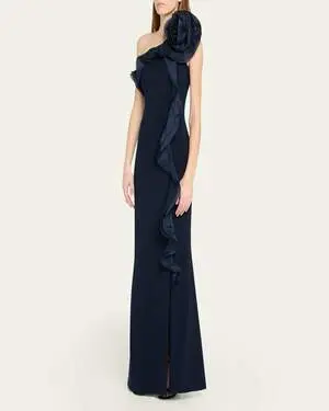 Rickie Freeman For Teri Jon One-shoulder Ruffle Gown - Navy