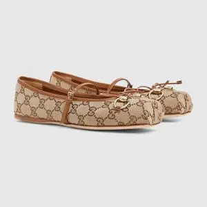 Gucci Horsebit Gg Canvas Ballet Flat - Beige