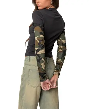 EDIKTED Camo Layered Long Sleeve T-shirt - Dark Gray