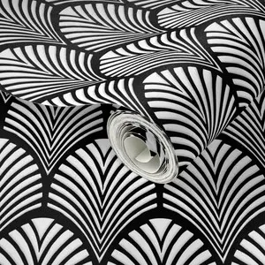 Spoonflower Art Deco White Black Fan Pattern Custom Pre-pasted Wallpaper - Black,white,gray