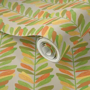 Spoonflower Stripe Green Yellow Leaves Orange Branches Custom Removable Wallpaper - Green,beige,orange
