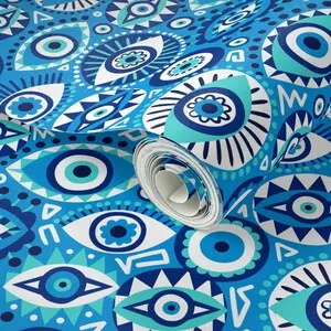 Spoonflower Eye Eyes Myth Evil Greece Custom Pre-pasted Wallpaper - Blue