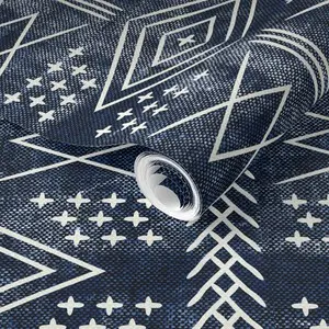 Spoonflower Navy Trendy Decor Tribal Dark Custom Pre-pasted Wallpaper - Blue,white,gray