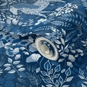 Spoonflower Unicorns Woods Medium Scale Unicorn Forest Plants 100% Natural Sisal Grasscloth Wallcovering - Blue