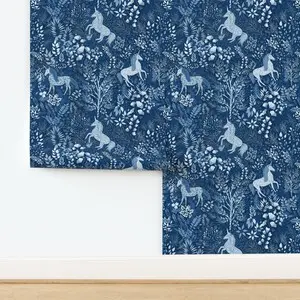 Spoonflower Unicorns Woods Medium Scale Unicorn Forest Plants 100% Natural Sisal Grasscloth Wallcovering