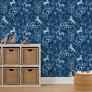 Spoonflower Unicorns Woods Medium Scale Unicorn Forest Plants 100% Natural Sisal Grasscloth Wallcovering