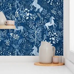 Spoonflower Unicorns Woods Medium Scale Unicorn Forest Plants 100% Natural Sisal Grasscloth Wallcovering