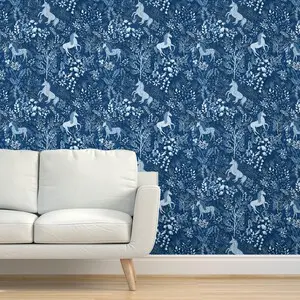 Spoonflower Unicorns Woods Medium Scale Unicorn Forest Plants 100% Natural Sisal Grasscloth Wallcovering