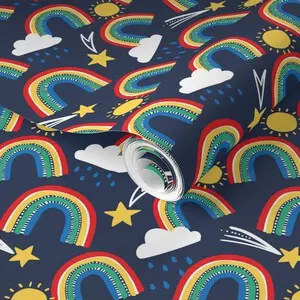 Spoonflower Star Sun Cloud Rainbow Weather Rainbows Custom Pre-pasted Wallpaper - Orange,blue,green