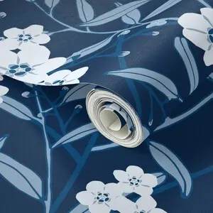 Spoonflower Classic Blue Flowers Floral Blossoms Wildflowers Custom Pre-pasted Wallpaper - Blue,white