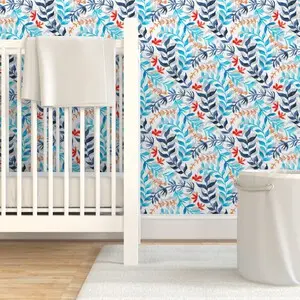 Spoonflower Hand Painted Fun Whimsical Painting Watercolor Custom Pre-pasted Wallpaper - Blue